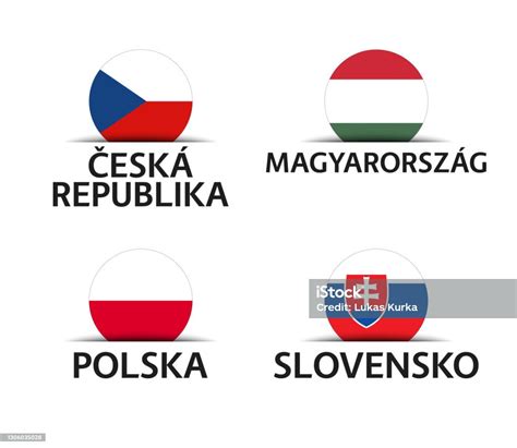 체코 헝가리 폴란드 슬로바키아 체코어 헝가리어 폴란드어 슬로바키아 스티커 4개 세트 흰색 배경에 플래그가 분리된 간단한 아이콘