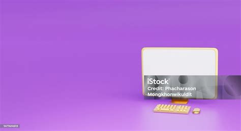 보라색 배경에 컴퓨터 모니터 복사 공간 기호 개념3d 렌더링 0명에 대한 스톡 사진 및 기타 이미지 0명 디지털 생성 이미지 반짝이는 Istock