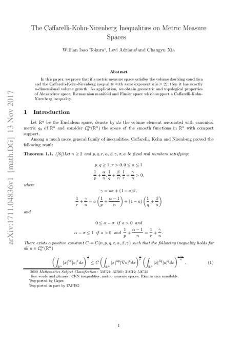 Pdf The Caffarellikohnnirenberg Inequality On Metric Measure Spaces Willian Tokura