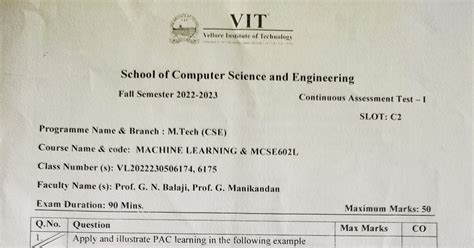 VIT M TECH AI And ML QUESTION PAPER ML CAT 1 Winter 2023