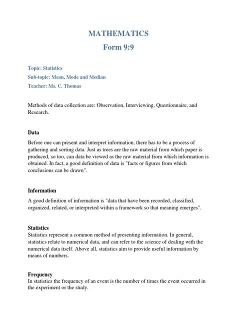 Notes Mean Mode Median Pdf Mean Statistics