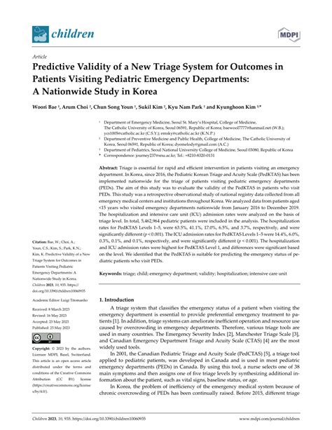 Pdf Predictive Validity Of A New Triage System For Outcomes In Patients Visiting Pediatric
