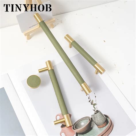 Tinyhob Green Leather Brass Furniture Handles C 3044
