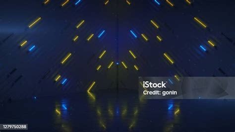 빛나는 파란색과 노란색 네온 튜브 3d 렌더링객실 배경 주제에 대한 스톡 사진 및 기타 이미지 배경 주제 3차원 형태 도시 전사 Istock