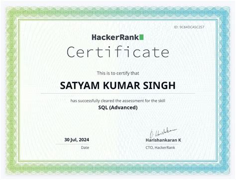 Passed Sql Certification Tests On Hackerrank Satyam Kumar Singh