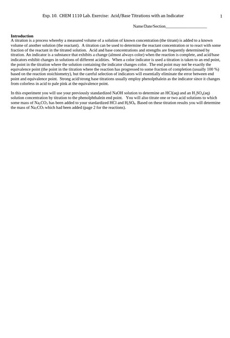 Acid Base Titrations With An Indicator Chem 1110 Lab Exercise At