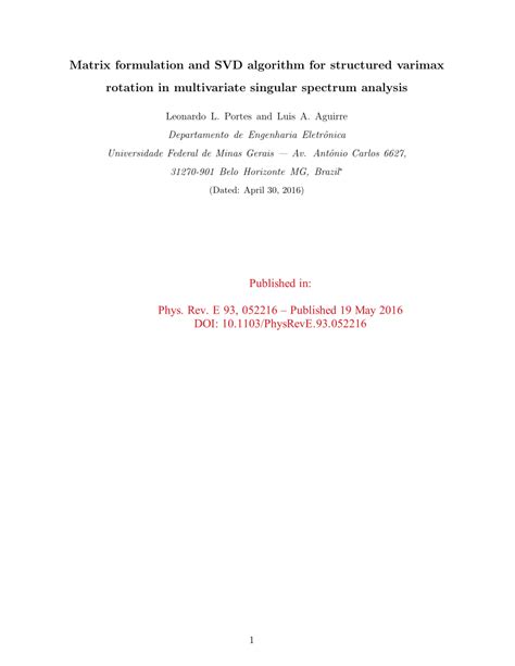 Pdf Matrix Formulation And Singular Value Decomposition Algorithm For Structured Varimax