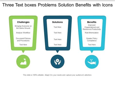 Three Text Boxes Problems Solution Benefits With Icons Ppt Powerpoint
