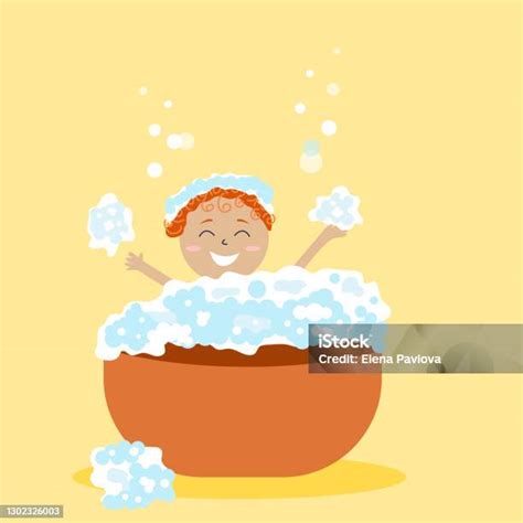 샴푸 거품 거품을 많이 가지고 목욕을 갖는 행복한 웃음 아기 어린 아이들을위한 위생 케어 플랫 스타일 벡터 만화 일러스트레이션 건강한 생활방식에 대한 스톡 벡터 아트 및