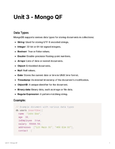 Unit 2 Mongo Query Features Unit 3 Mongo Qf Data Types Mongodb