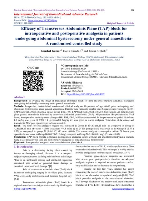 Pdf Efficacy Of Transversus Abdominis Plane Tap Block For Intraoperative And Postoperative