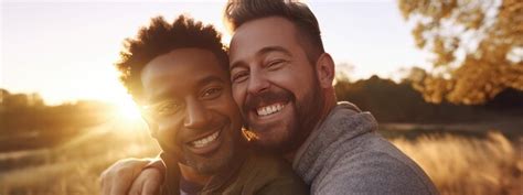 Premium Photo Homosexual Couple Happily Hugging And Smiling Outdoors