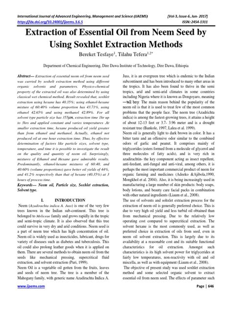 Extraction Of Essential Oil From Neem Seed By Using Soxhlet Extraction Methods Pdf Solvent