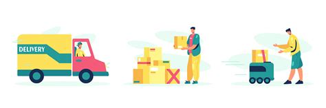 택배는 자동차로 가고 배달원은 상자를 쌓고 남성은 배달 로봇 벡터 세트로 주문을 받습니다 거리에 대한 스톡 벡터 아트 및 기타 이미지 Istock