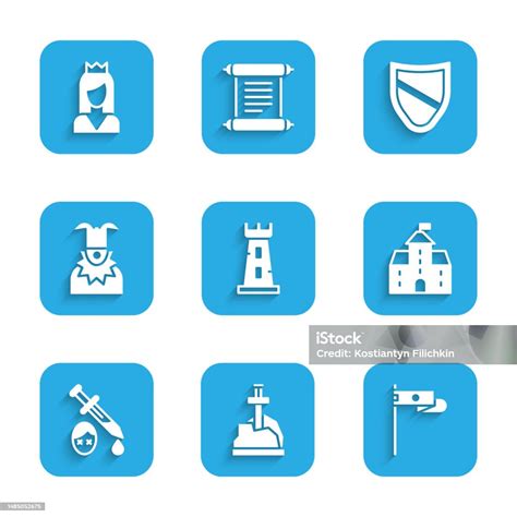 캐슬 타워 돌 속의 검 중세 깃발 성 요새 피 조커 머리 방패 및 공주 아이콘을 설정하십시오 벡터 강철에 대한 스톡 벡터 아트