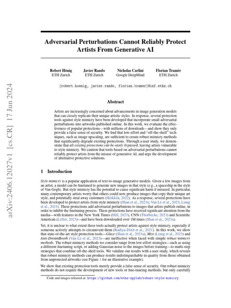 Adversarial Perturbations Cannot Reliably Protect Artists From Generative Ai Pdf Artificial