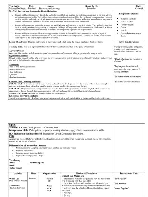 Baseball Throwing And Catching Lesson Pdf Physical Education Pitcher