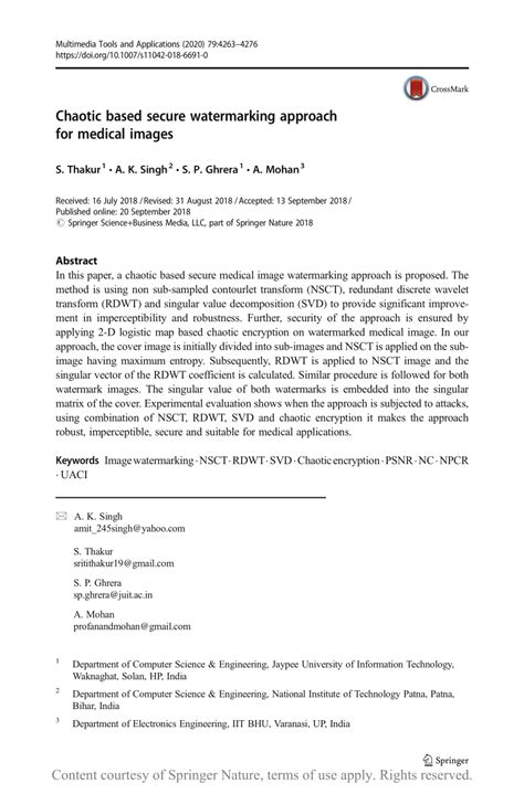 Chaotic Based Secure Watermarking Approach For Medical Images Request Pdf