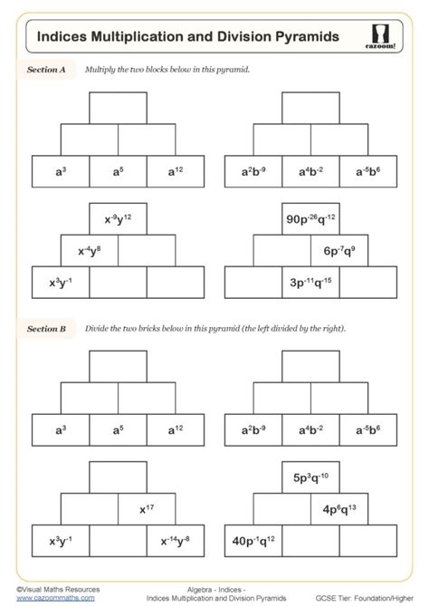 Indices Multiplication And Division Pyramids Worksheet Printable Pdf