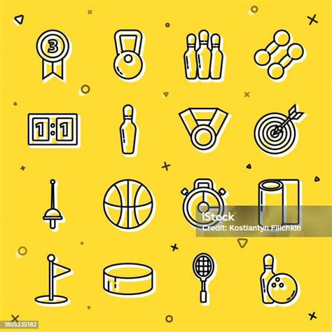 세트 라인 볼링 핀과 공 피트니스 매트 롤 화살표가 있는 표적 스포츠 기계식 스코어보드 메달 및 아이콘 벡터 아이콘에 대한 스톡 벡터 아트 및 기타 이미지 Istock