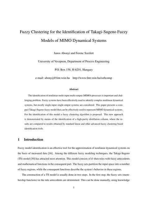Pdf Fuzzy Clustering For The Identification Of Takagi Sugeno Fuzzy Models Of Mimo Dynamical