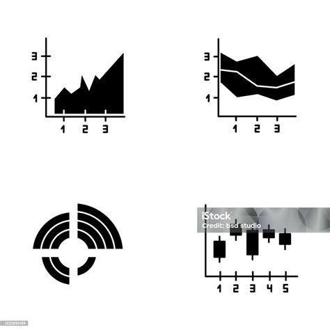차트 및 그래프 문말 아이콘 세트입니다 값이 증가하는 방사형 다이어그램입니다 세그먼트가 있는 영역 차트입니다 수직 산란 히스토그램 비즈니스 리서치 실루엣 기호입니다 벡터