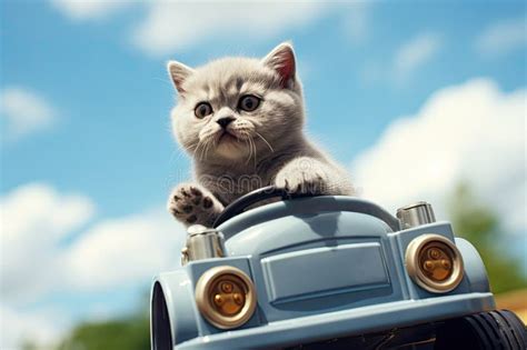 Funny Cat Drives A Toy Car In The Cityby Generative Ai Stock