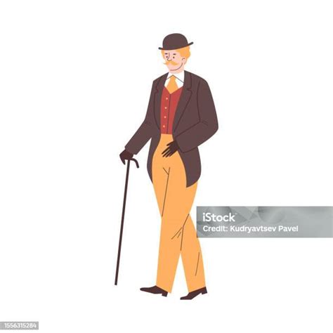 지팡이를 짚고 있는 양복과 모자를 쓴 빅토리아 시대의 남자 흰색 배경에 분리된 평면 벡터 삽화 1900년에 대한 스톡 벡터 아트 및 기타 이미지 Istock