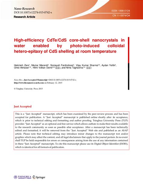 Pdf High Efficiency Cdtecds Core Shell Nanocrystals In Water Enabled