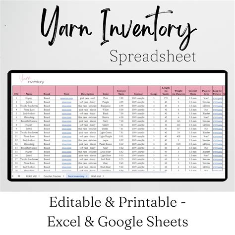 Yarn Inventory Tracker Excel Spreadsheet Yarn Organizer Worksheet Google Sheets Knitting