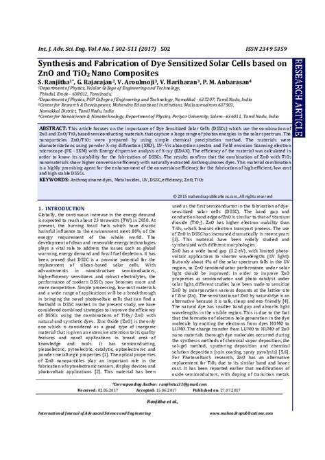 Pdf Synthesis And Fabrication Of Dye Sensitized Solar Cells Based On
