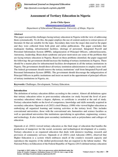 Assessment Of Tertiary Education In Nigeria Pdf Open Access Nigeria