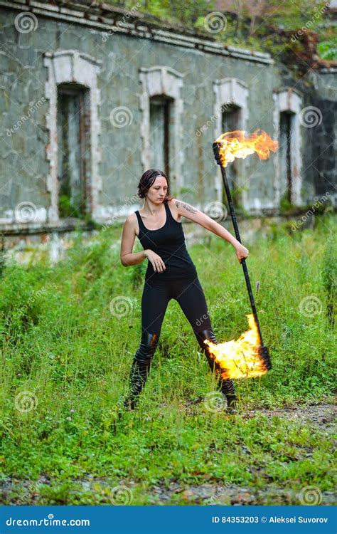 Fire Show Girl With Flaming Torches Stock Image Image Of Exposure Party 84353203