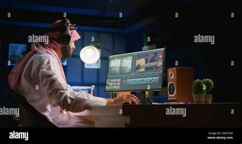 Multimedia Editor Working On Cinematographic Project Creating Editing Montage Cutting