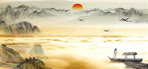 中国风水墨画高清素材 中国风 古人 山 山水画 木桥 木船 水墨画 海报banner 落日 鹤 背景底图 背景 设计图片 免费下载 页面网页 平面电商 创意素材