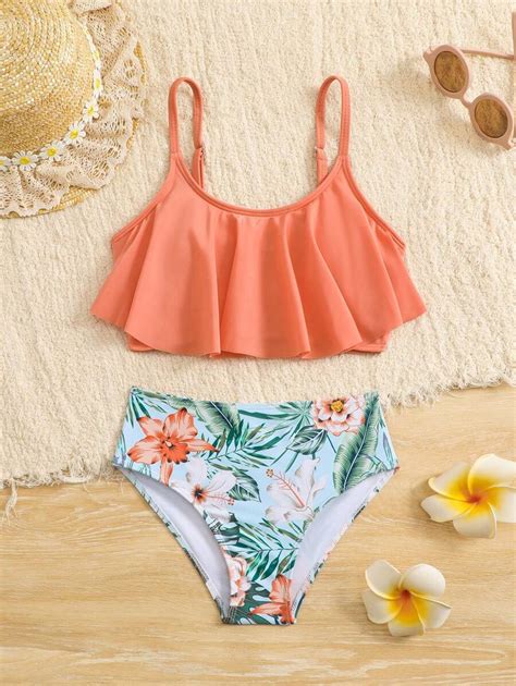 Tween Girl Solid Color Camisole Top And Tropical Floral Print Bikini
