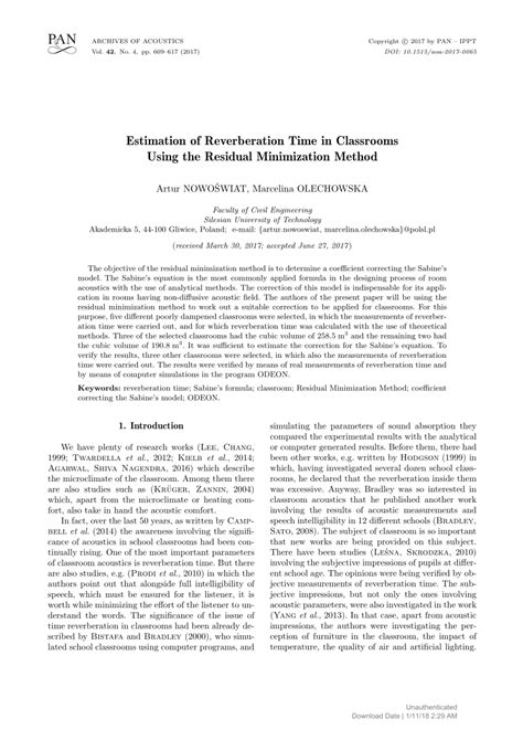 Pdf Estimation Of Reverberation Time In Classrooms Using The Residual Minimization Method