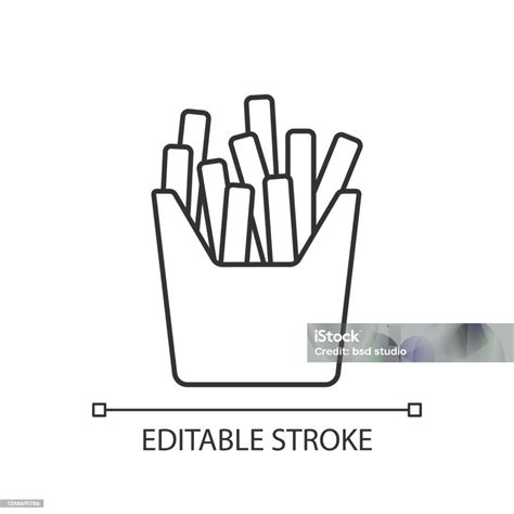 프렌치 프라이 픽셀 완벽한 선형 아이콘 얇은 선 사용자 정의 일러스트레이션 튀긴 감자 골판지 상자에 짠 스틱 테이크 아웃 패키지