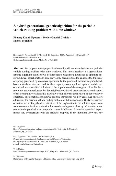 Pdf A Hybrid Generational Genetic Algorithm For The Periodic Vehicle