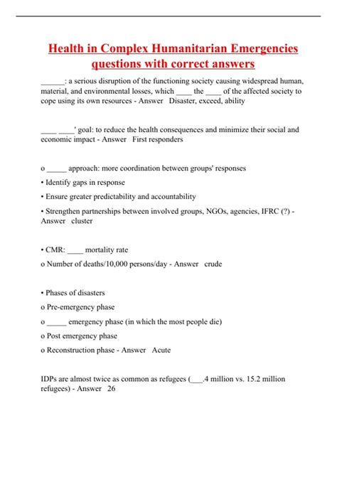 Health In Complex Humanitarian Emergencies Questions With Correct
