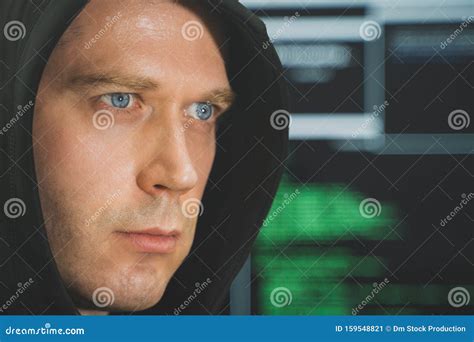 Handsome Hacker In Black Hoodie Stock Image Image Of Criminal Danger 159548821