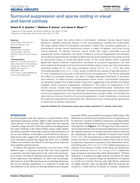 PDF Surround Suppression And Sparse Coding In Visual And Barrel Cortices
