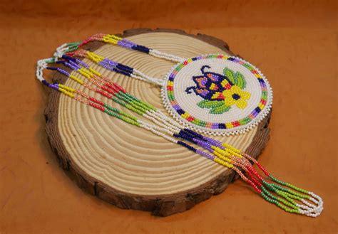 Native American Beaded Medallion Necklace Cream Flower Buybeaded