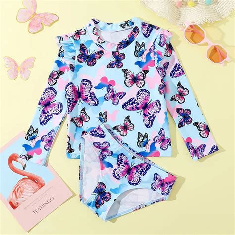 여아 투피스 수영복 세 긴 소매 만화 프린트 수영복 세트 어린이용 여아 아기 여름 수영 수영복 AliExpress