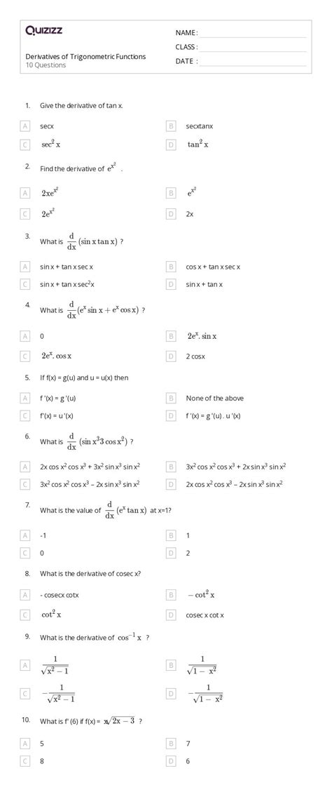 50 derivatives of trigonometric functions worksheets for 11th class on