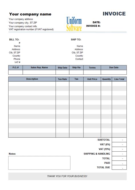VAT Invoicing Template With VAT Rate And Amount Column