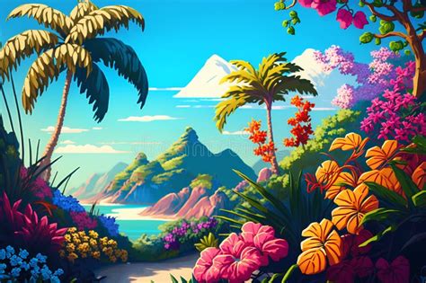 Tropical Island With Palm Trees Flowers And Mountains Vector