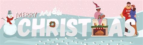 메리 크리스마스 텍스트입니다 겨울 활동 전단지 초대장 스티커 배너 벡터 일러스트 레이 션에 종사하는 작은 사람들과 색상 비문 12월에 대한 스톡 벡터 아트 및 기타 이미지
