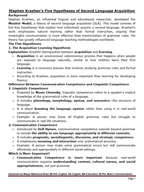 stephen krashen s five hypotheses of second language acquisition pdf