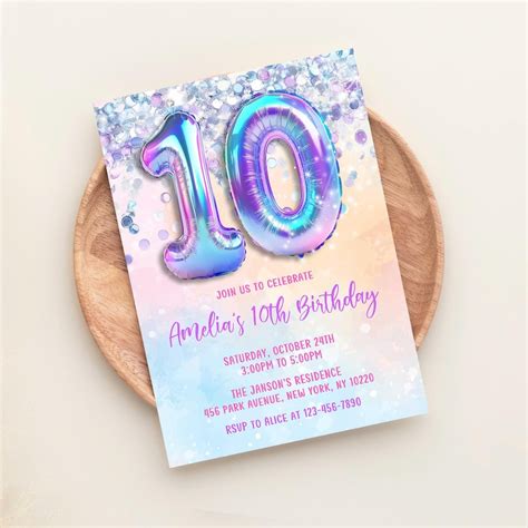 Editable Girl Glitter Birthday Invite 10th Birthday Invitation Template